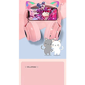 Headset Cat Ears Bluetooth Earphone Wireless Gaming Noise Cancelling 8 Hours with Mic USB Virtual Reality Detachable Cute Luminous Mouse Ear Rainbow RGB Flashing Light On-Ear Headphone (Pink) (ER-1)