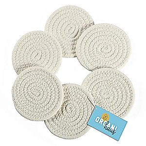 OrganiHaus Set of 6 White Farmhouse Coasters for Coffee Table | 4.3" Aethetic Boho Coasters for Drinks | Absorbent Coasters | Cute Coasters | Moisture Absorbing Coasters | Woven Fabric Cup Coasters