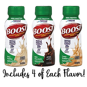 Niro Assortment | Boost High Protein Shake Variety | High Protein | Boost Rich Chocolate, Boost Creamy Strawberry, and Boost Very Vanilla Flavors | 12 Pack | Included one Niro beverage sleeve