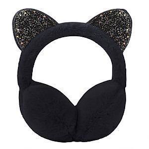 RONGXG Cute Sequin Cat Ear Earmuff Girls Plush Warm Ear Muff Soft Furry Outdoor Winter Ear Warmer Anti-Cold Ear Protector Earflap, Black, One Size