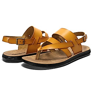 Harssidanzar Quick-Dry Flip-Flop Sandals For Men's,Summer Comfy Outdoor Adjustable Ankle Strap Flat Slip On Sandals Flip Flops Shoes KM218,TAN,Size 10