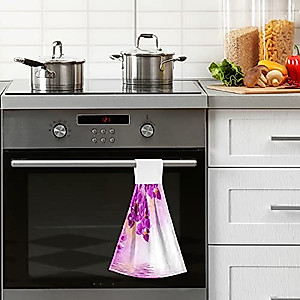 Vnurnrn Purple Florals Water Hanging Tie Towels Absorbent Hand Towel with Hook & Loop for Kitchen Bathroom 2 Pieces