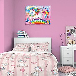 Unicorn Rainbow Wall Art Unicorn Decor for Girls Bedroom Pink Unicorn Painting for Kids Baby Nursery Cute Cartoon Unicorn Canvas Print Framed Artwork Birthday Gifts for Daughter Ready to Hang 16"x12"