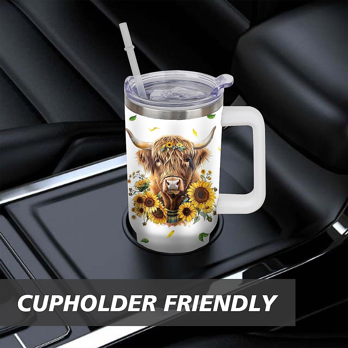 thmasamwr Cow Print Tumbler with Lid and Straw, Stainless Steel 40oz Tumbler with Handle, Sunflower Cow Print Travel Coffee Mug Water Bottle, Highland Cow Gifts Cups for Women and Girls