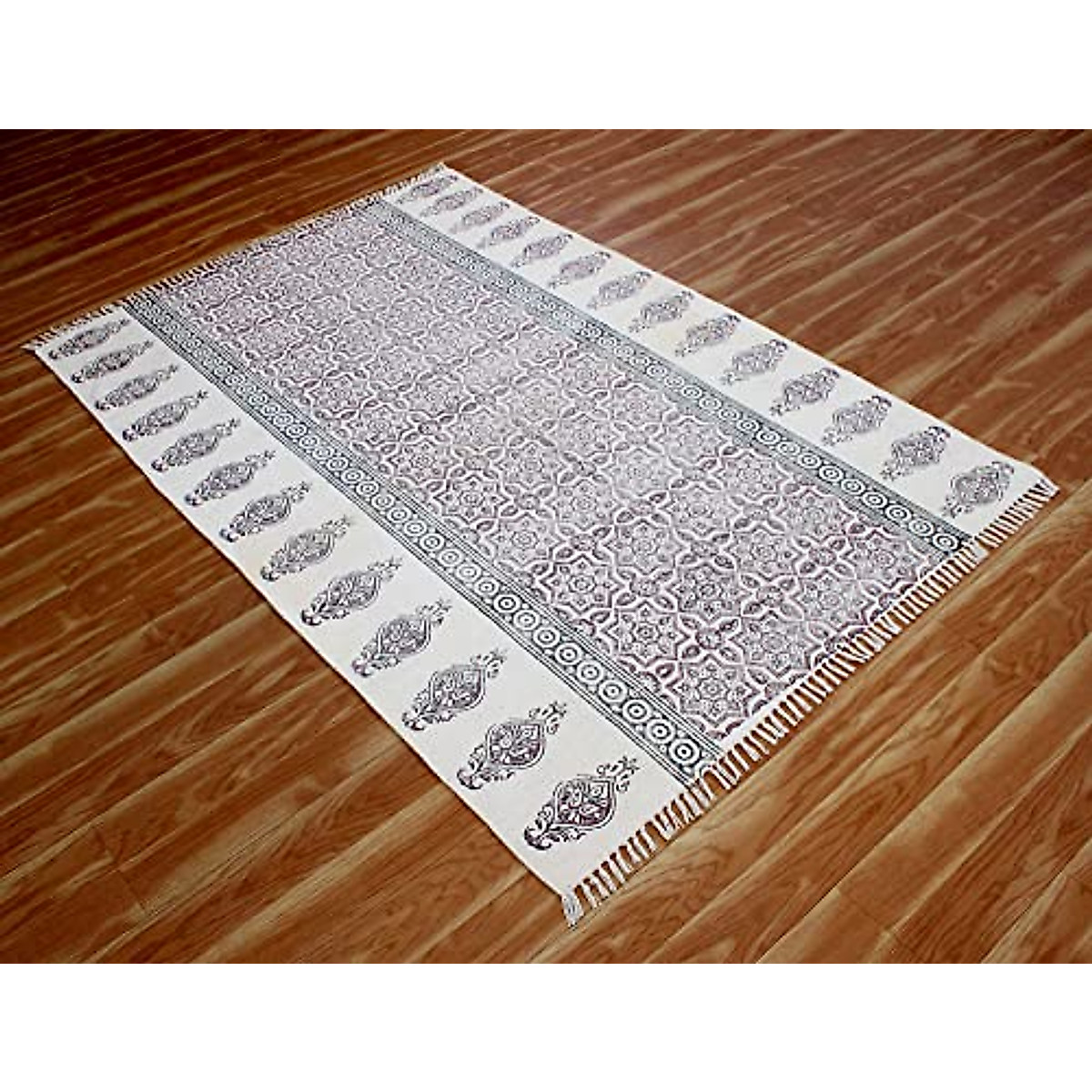 Casavani Hand Block Printed Cotton Dhurrie Geometric Brown & Black Tassel Rug Easy Care Washable Rugs for Doormat Entryway Living Room Bedroom Hallway Balcony 9x9 Feet Square