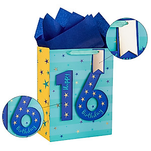 Loveinside Birthday Blue Gift Bag with Tissue Paper, Gift Tag and Greeting Card for Birthday, Party, Baby Shower and More - 10" x 5" x 13", 1 Pcs - 16 Years Old Birthday Boy