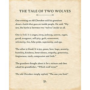 The Tale of Two Wolves Cherokee Poster - Canvas or Poster Native American Book Page Print - Great Motivational and Inspirational Gift for Home and Office Native American Decor for Home