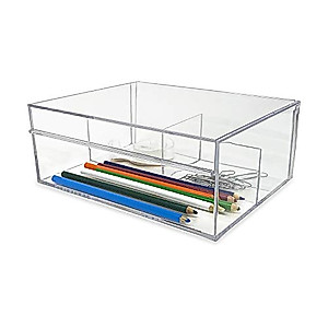 Isaac Jacobs 3-Compartment Clear Acrylic Organizer with Lid (6.7" L x 8.6" W x 3.4" H), Multi-Sectional Tray, Storage Solution for Makeup, School & Office Supplies (1 Large, 2 Medium)