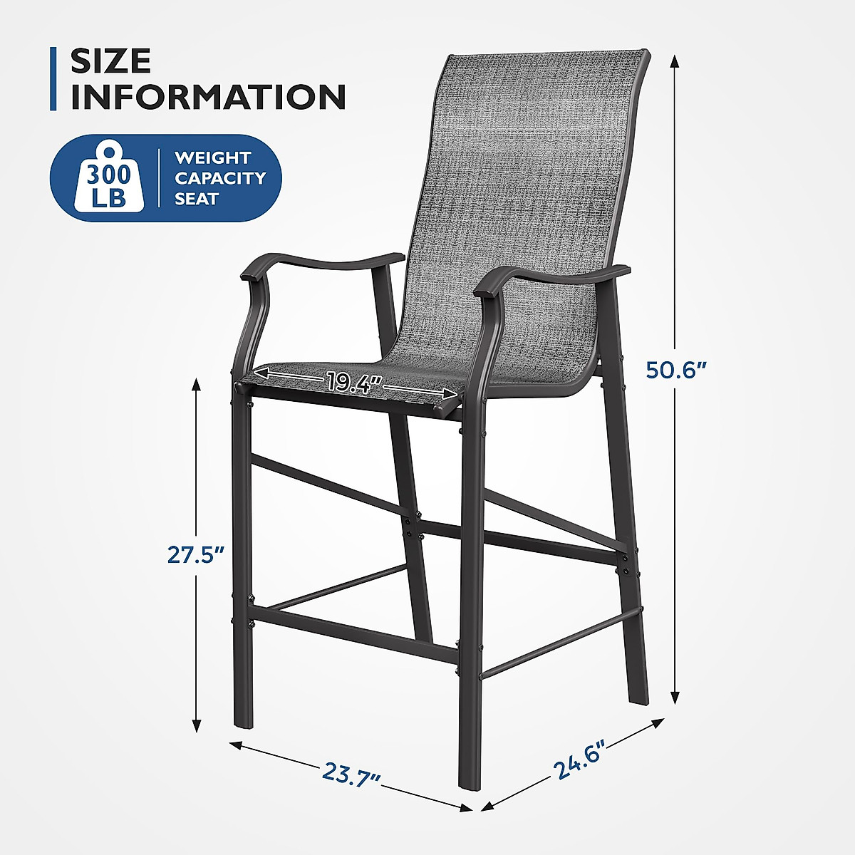 VONZOY Outdoor Bar Stools Set of 2, Comfortable Bar Height Outdoor Chairs, Patio Bar Stools w/All-Weather Mesh, 300lb Capacity (Grey)