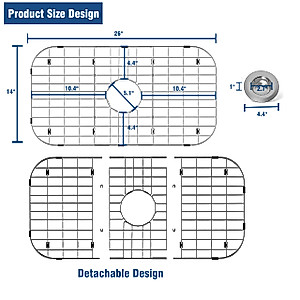 Stainless Steel Sink Protector 26"x14" with Center Drain, Metal Sink Rack for Bottom of Sink, Kitchen Sink Grate and Sink Protectors with Sink Strainer (26" x 14" - Center Drain)