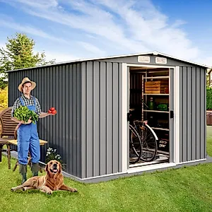 EMKK 10x8 FT Outdoor Storage Shed, Galvanized Steel Metal Garden Shed with Double Sliding Lockable Door, Floor Frame, Vents, Waterproof Tool Shed for Backyard, Lawn, Patio, Teak