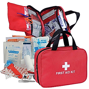 First Aid Kit - 230 Piece - for Car, Home, Travel, Camping, Office or Sports | Red Bag/Reflective Cross, Fully Stocked with Essential Supplies for Emergency and Survival