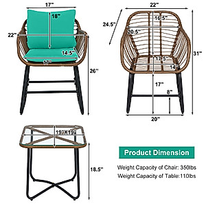 Tangkula 3 Pieces Patio Bistro Set, Patiojoy Outdoor PE Rattan Armchairs and Coffee Table Set with Comfortable Cushions & Adjustable Foot Pads, Suitable for Garden Backyard Poolside (Turquoise)