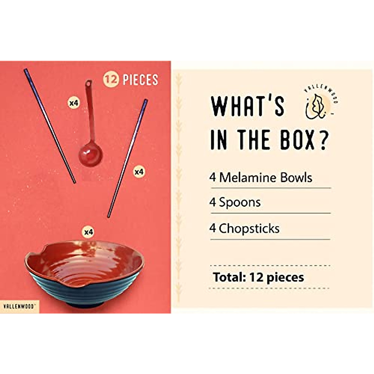 VALLENWOOD 4 XL bowl set, 12 Pieces Ramen Bowl Set, Asian Japanese soup with Spoons and Chopsticks. Restaurant Quality Melamine, Large 52 oz for Noodles, Pho, Udon, Thai, Chinese dinnerware, 9 inch…