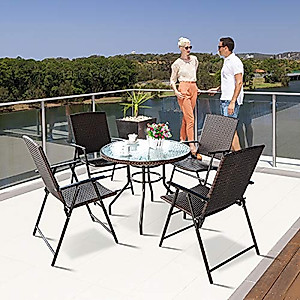 Tangkula 4 PCS Folding Patio Chair Set Outdoor Pool Lawn Portable Wicker Chair with Armrest & Footrest Durable Rattan Steel Frame Commercial Foldable Stackable Party Wedding Chair Set (24X23X37)