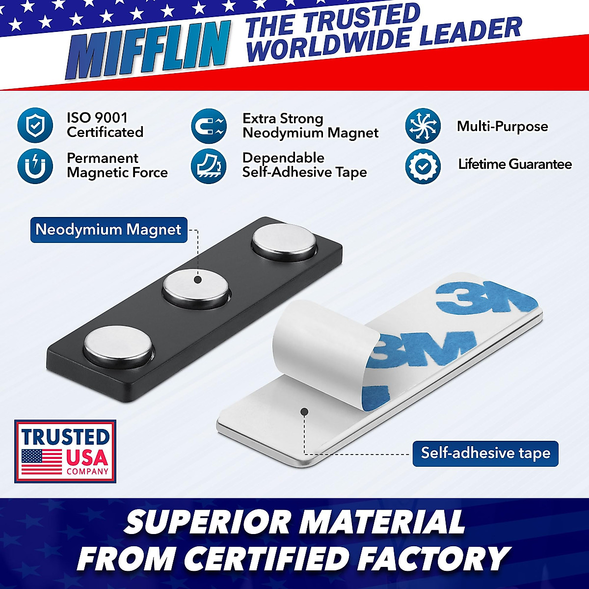 Mifflin-USA Name Tag Magnets (10 Badge Holder Magnets, 1.75 x 0.5 inches), Name Tag Magnet Backs w/ 3 Extra-Strong Neodymium Magnets for ID Badge Holders