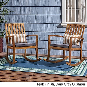 Colmena Outdoor Acacia Wood Rustic Style Rocking Chair with Cushions (Set of 2) - Teak and Dark Gray Finish