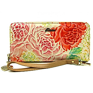 ArtsEye Peony Collection Embossed Genuine Leather Zip Purse (Orange)