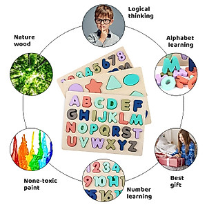 Wooden Puzzles for Toddlers, LENNYSTONE Alphabet Number Shape Puzzles Toddler Preschool Education Learning Toys for Kids Age 3 4 5 Year olds