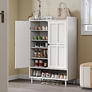 ONBRILL Shoe Cabinet Storage for Entryway, 6-Tier Farmhouse Shoe Storage Cabinet with Cross Molding Doors and 3 Adjustable Shelves, 45'' Tall Shoes Organizer Cabinet for Entryway, Front Door, White