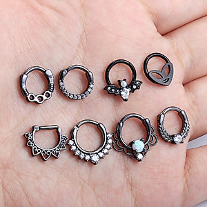 Drperfect 8MM Septum Rings 16G Daith Earrings Piercing Jewelry Surgical Stainless Steel CZ Opal Septum Clicker Rings Alien Bat Septum Hinged Segment Nose Rings Cartilage Helix Tragus Hoops