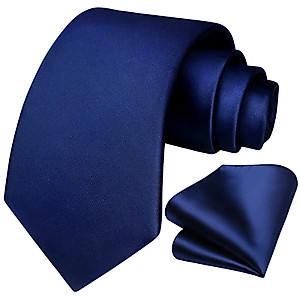 Mens Solid Navy Blue Tie Classic 3.4" width Necktie and Pocket Square Set with Gift Box by HISDERN,Navy Blue,One Size