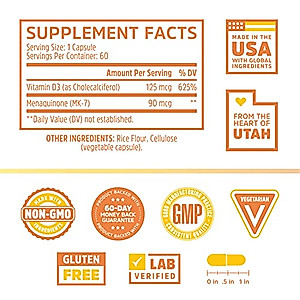 Zhou Nutrition Vitamin D3 K2, Bone and Heart Health Formula 5000 IU Vitamin D3 & 100 mcg Vitamin K2, Max Strength 2 in 1 Immune Support and Calcium Absorption, Gluten Free, 60 Count
