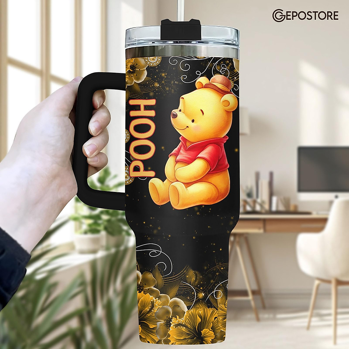 GEPOSTORE Golden Bear 40oz Tumbler with Lid, Cute Cartoon Character Travel Cup, Birthday Gifts for Movie Lover