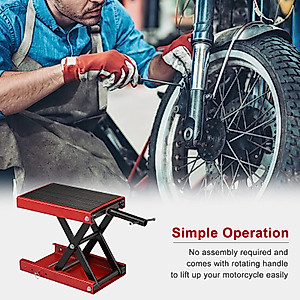 TUFFIOM Motorcycle Scissor Lift Jack w/Rubber Top Surface & Safety Pin, Height Adjustable Steel Center Hoist Crank Stand for Motorcycle Repair Maintenance, 1100LBS Weight Capacity