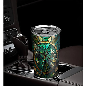 ORCAE 20oz Green Jade Stained Glass Dragonfly Tumbler, Gifts for Dragonfly Lovers, Coffee Thermos for Women, Stainless Steel Double Wall Vacuum Insulated Coffee Mug, Travel Cup with Lid - H