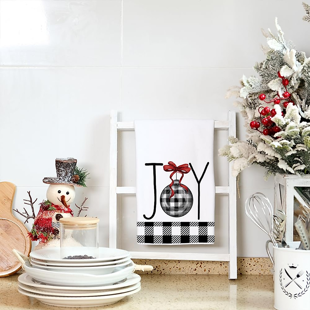 ARKENY Christmas Kitchen Towels Set of 2,Black Buffalo Plaid Xmas Tree Dish Towels 18x26 Inch Drying Dishcloth,Farmhouse Home Decoration AD008