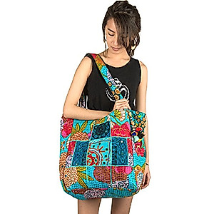 TribeAzure Large Oversize Blue Canvas Shoulder Bag Handbag Unique Tote Quilt Vintage Beach Travel Summer