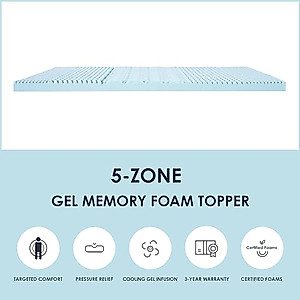 Mellow 3 Inch 5-Zone Memory Foam Mattress Topper, Cooling Gel Infusion, Queen, Blue
