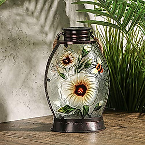 TERESA'S COLLECTIONS Glass Decorative Hanging Solar Lanterns Lights, Waterproof Metal Outdoor Solar Lanterns with Bee Flowers for Tabletop Patio Lawn Yard Garden Decorations,10 inch Tall