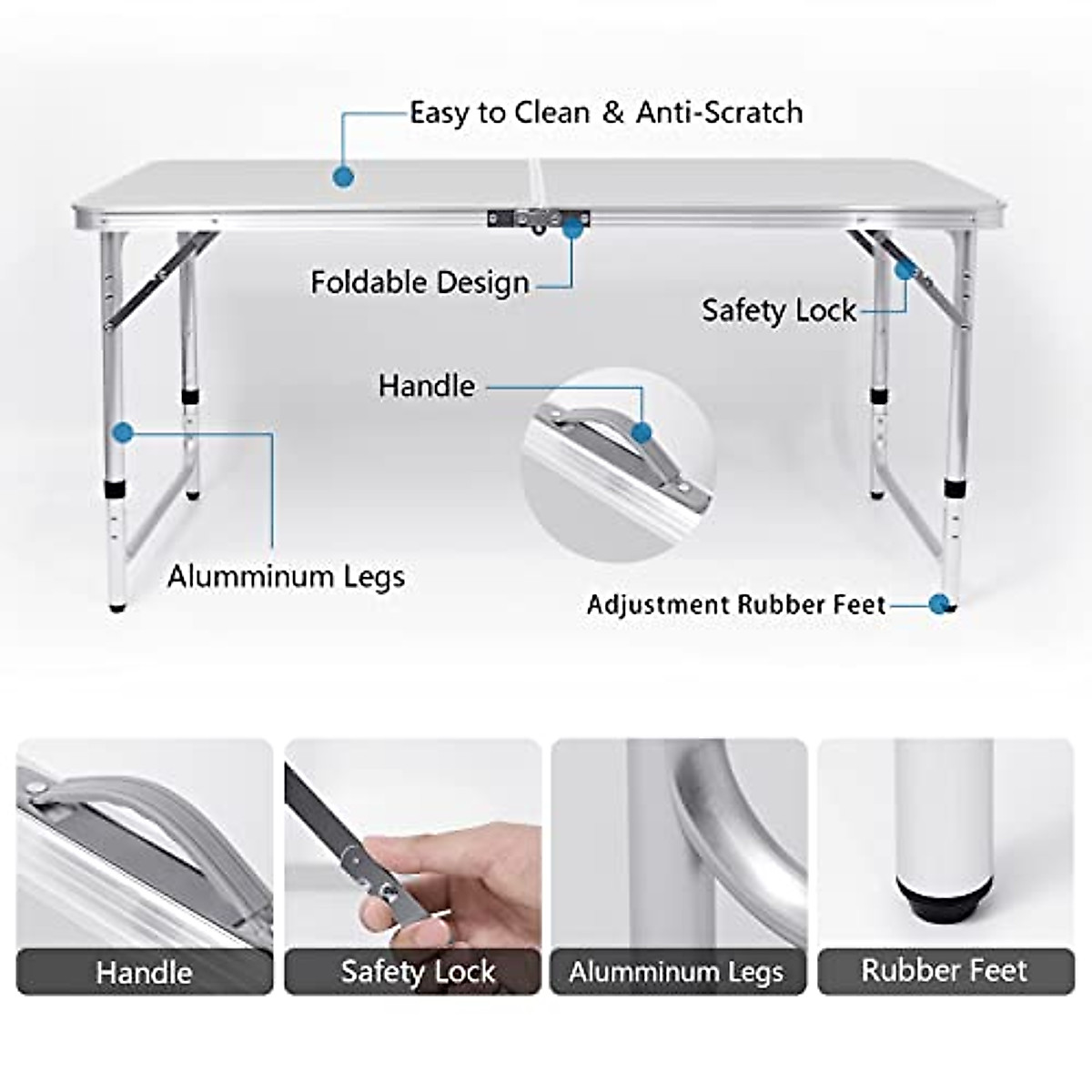 Moosinily Folding Camping Table, 4 Ft Aluminum Folding Table, Picnic tablee with Handle, Adjustable Portable Camp Table for Picnic, BBQ, Party, Beach/White
