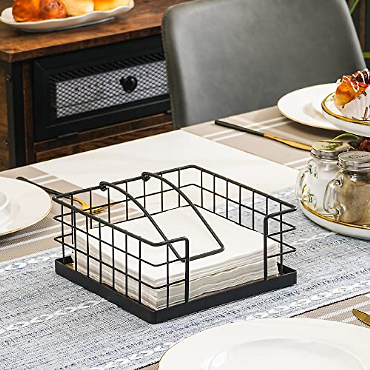 Honiter Napkin Holder, Farmhouse Flat Napkin Holder with Weighted Arm, Wooden Napkin Holders for Paper Napkins, Square Napkin Dispenser for Countertop, Cocktail Napkin Holder for Kitchen, Dining Room