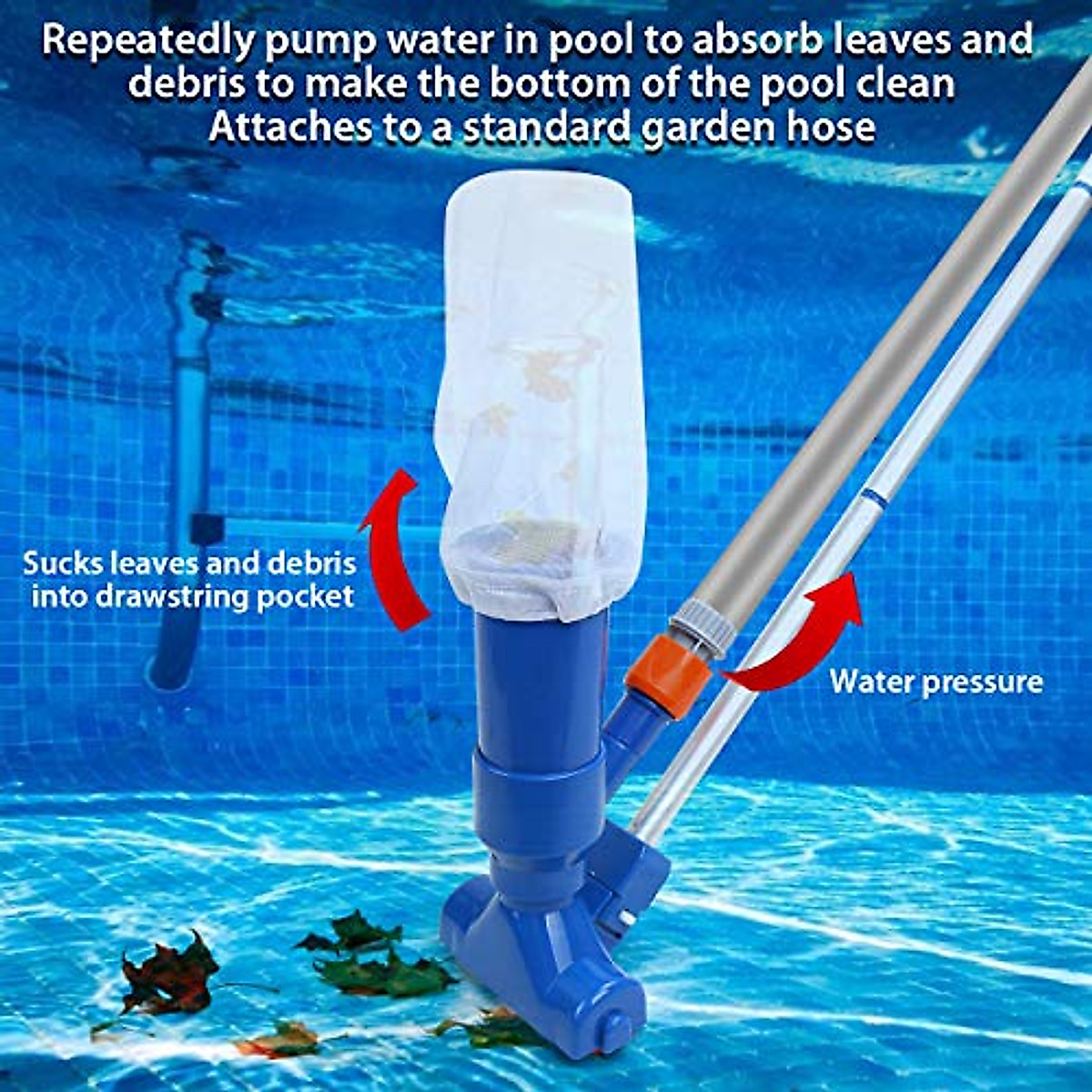 SubClap Portable Pool Vacuum - Spa Jet Vacuum Cleaner with Pole & Skimmer Net for Above Ground & Inground, Telescopic Pole Rake Leaf Skimmer Clean Swimming Pool Hot Tub with Net Bag (No Garden Hose)