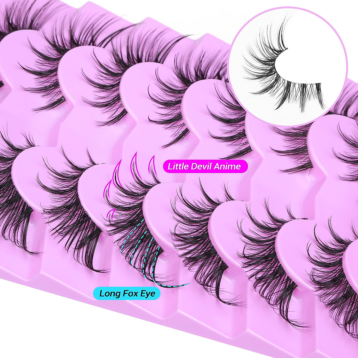 ALICE Manga Lashes Fox Eye False Clear Band Cat Wispy Anime Eyelashes Spiky Cosplay Fake Eye Lashes 7 Pairs Pack