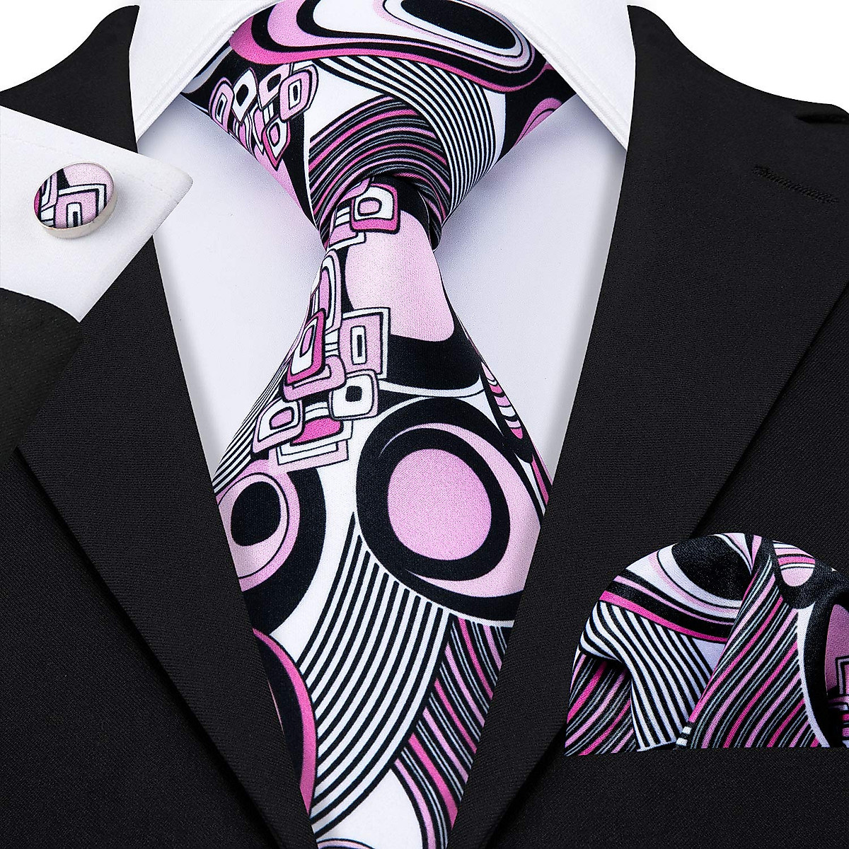 Barry.Wang Men Tie Set Print Pink Black White Silk Necktie Pocket Square Cufflinks Formal Wedding Party Business Festival