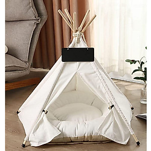 Pet Teepee with Soft Cushion for Dogs, Cats, Rabbits and Puppies, Portable Pet Tent, White Dog Tent. Pet House with Bed, Washable Dog Teepee, Portable Dog House (White)