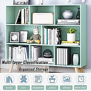 IOTXY Wooden Open Shelf Bookcase - 3-Tier Floor Standing Display Cabinet Rack with Legs, 8 Cubes Bookshelf, Tiffany-Green