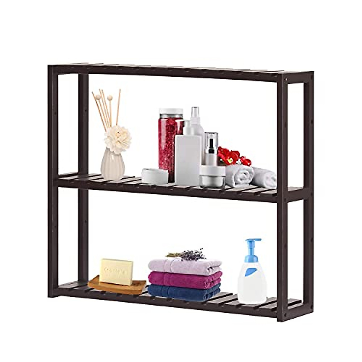 Kinsuite 3-Tier Bathroom Adjustable Multifunctional Bamboo Shelf Layer Rack Wall Mounted Utility Storage Organizer Towel Shelves Kitchen Living Room Holder, Dark Brown
