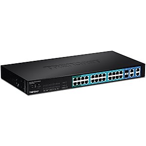 TRENDnet 28-Port 10/100Mbps Web Smart PoE+ Switch, 20 x PoE Ports, 4 x PoE+ Ports, 2 x Gigabit Ports, 2 x Shared Gigabit Ports (RJ-45 or SFP), Rack Mountable TPE-224WS (Renewed)