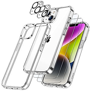 JETech 3 in 1 Case for iPhone 14 Plus 6.7-Inch, with 2-Pack Screen Protector and Camera Lens Protector, Non-Yellowing Shockproof Bumper Phone Cover, Full Coverage Tempered Glass Film (Clear)