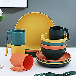 Kyraton Plastic Dinnerware Set of 16 Pieces, Unbreakable And Reusable Light Weight Plates Mugs Bowls Dishes Easy to Carry And Clean Microwave Safe BPA Free Dishwasher Safe Service For 4 (Mutil Color)