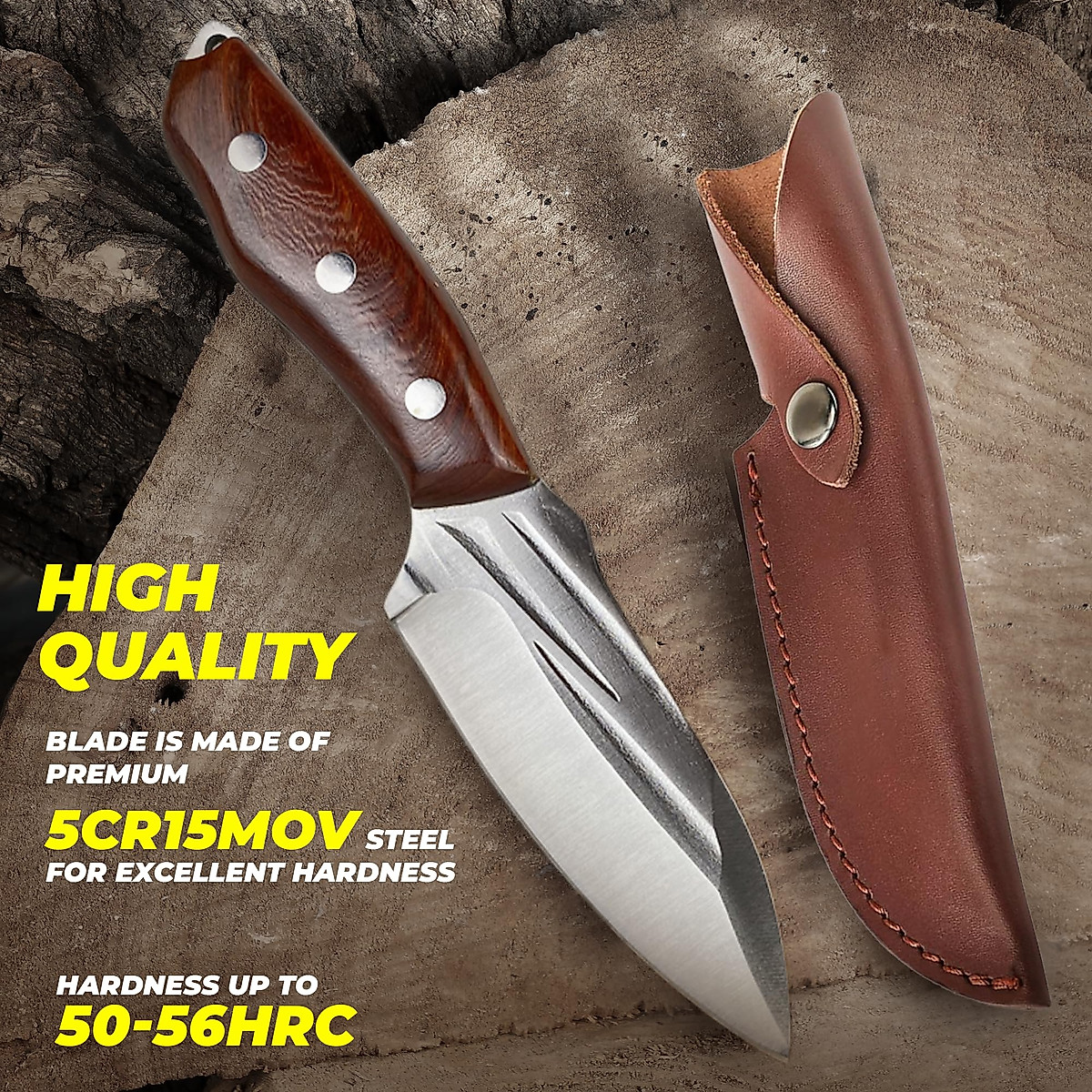 AOSILEY Pocket Fixed Blade Knife with Wood Handle and Leather Sheath for Camping, Outdoor Hunting,Tactical, Survival and EDC