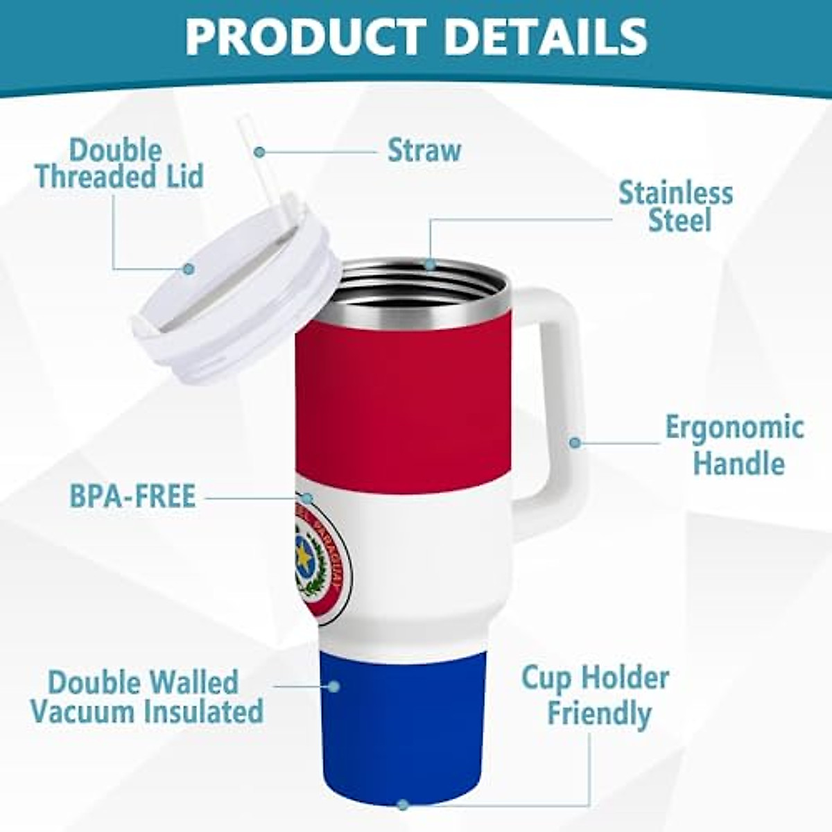 ODAWA Large Travel Insulated Tumblers with Handle and Straw, Paraguay Flag Double Wall Insulated Tumbler Insulated Vacuum Tumbler