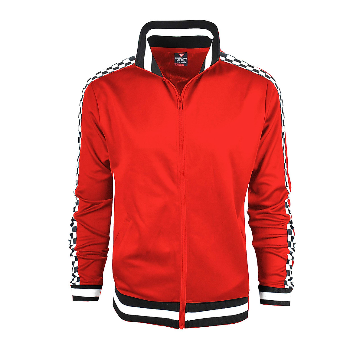 SCREENSHOT-F11854 Mens Urban Hip Hop Premium Track Jacket - Slim Fit Checker Taped Block Fashion Top-Red-Large
