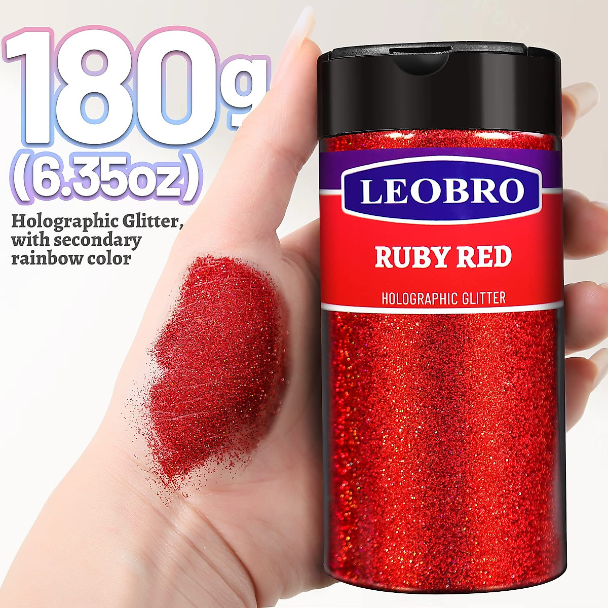 LEOBRO Red Glitter, Glitter, 180g/6.35oz Holographic Ultra Fine Glitter, 1/128" Resin Glitter Powder, Metallic Iridescent Glitter for Resin Tumblers Hair Body, Christmas Glitter for Crafts