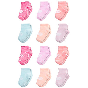 New Balance Baby Girls' Quarter Socks - 12 Pack Soft Quarter Cut Ankle Socks - Newborn Toddler Socks for Girls (12M-24M), Size 2-4T, Pink Assorted Grip